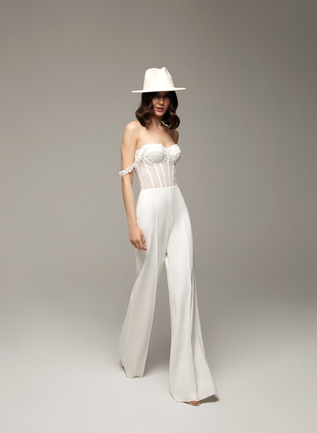 Off-the-shoulder White Wedding Jumpsuit, Modern Bridal Jumpsuit, Boho ...