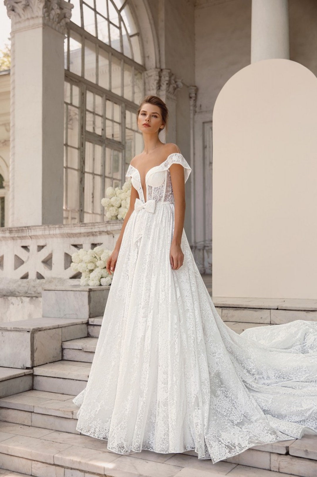 Honesty Off-the-shoulder Sparkling Princess Wedding Dress, Deep V Neck ...
