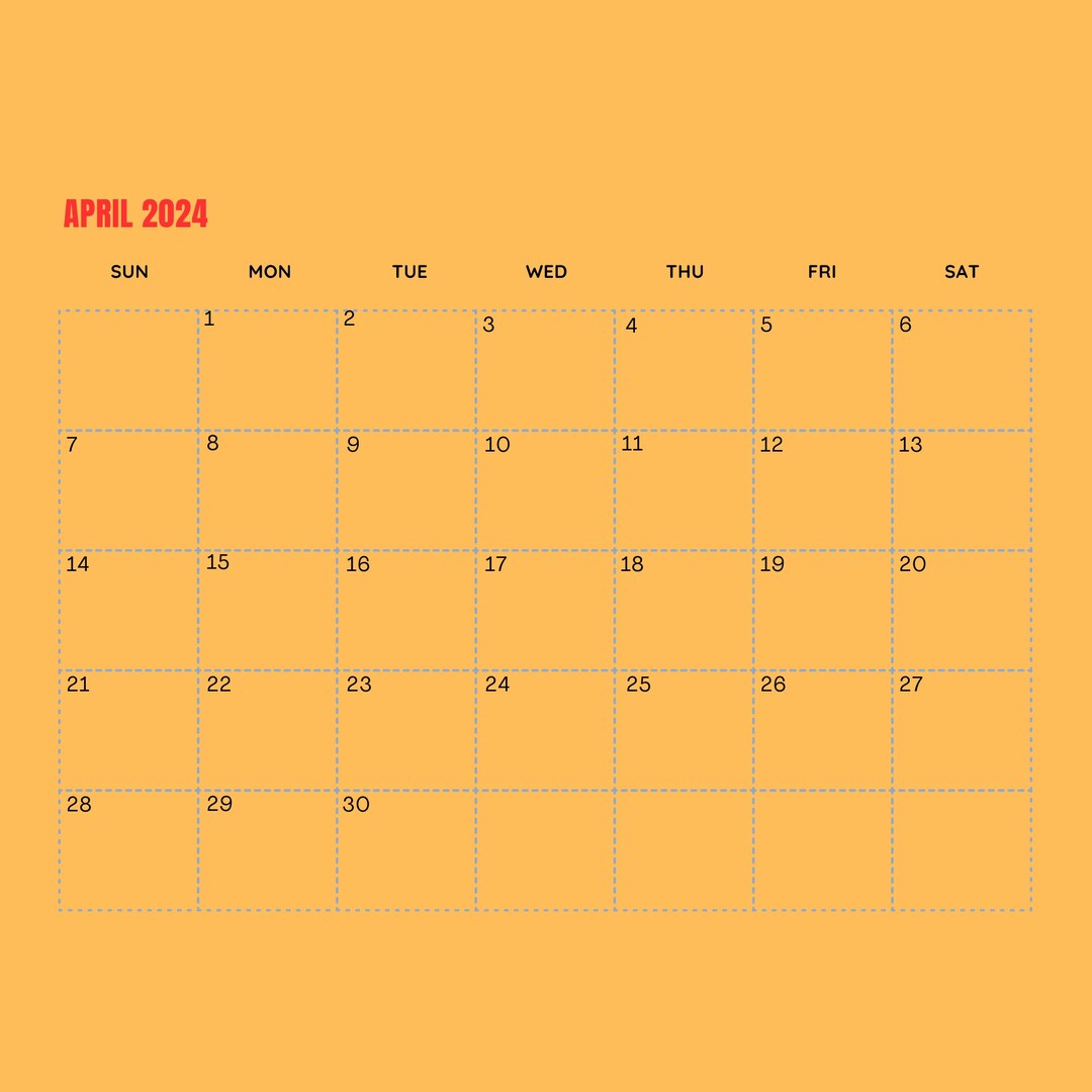 April 2024 Printable Calendar Landscape, Sunday & Monday Start, Digital ...