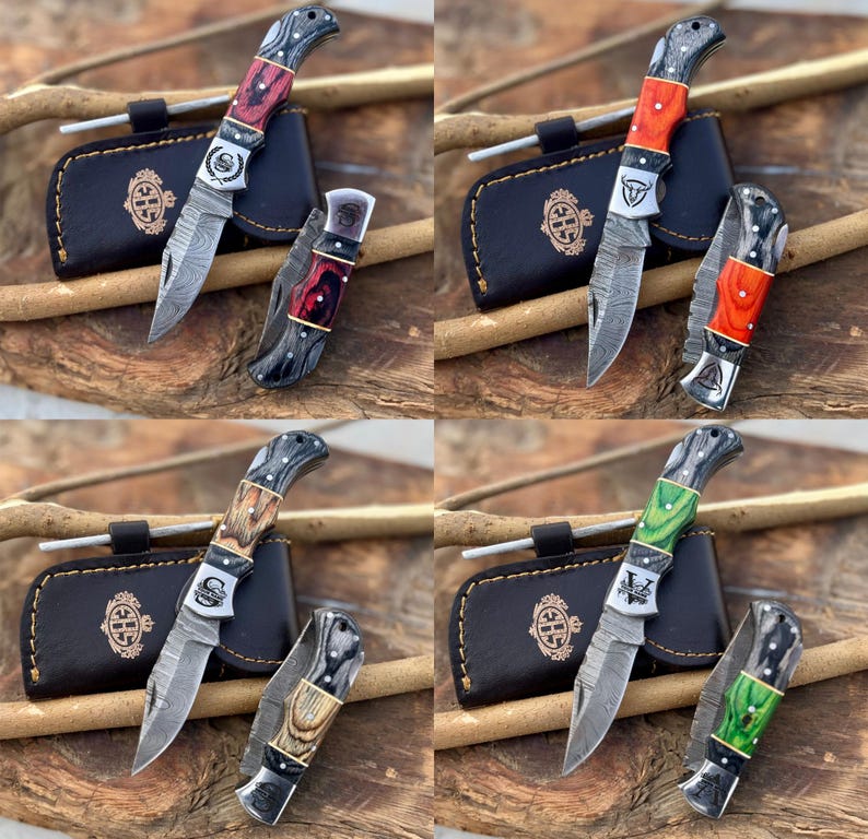 Handmade Damascus Pocket Knife Wood Handle Groomsmen Gift Anniversary ...