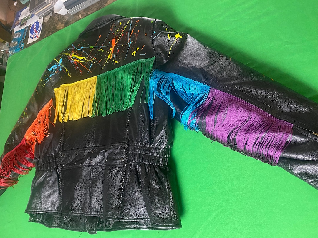 Rainbow Paint Splash Leather Biker Jacket With Fringe (women's XXXXL ...