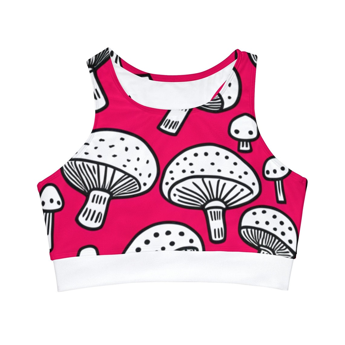 Mushroom Print Bikini Hot Pink Racerback High Neck Crop Bikini Top AOP ...