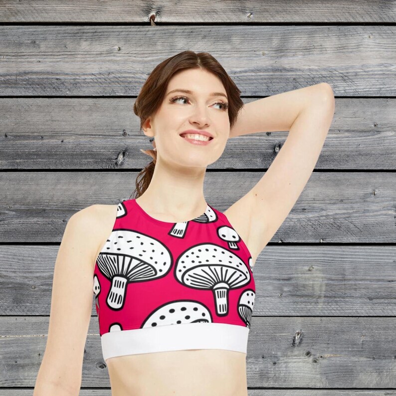 Mushroom Print Bikini Hot Pink Racerback High Neck Crop Bikini Top AOP ...