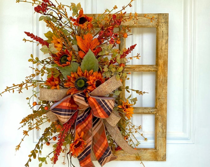 Fall Window Swag Wreath With Sunflowers and Plaid Bow – Rustic Autumn ...