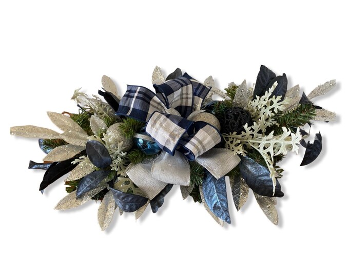 Silver and Navy Holiday Centerpiece, Winter Table Top Decor, Christmas ...