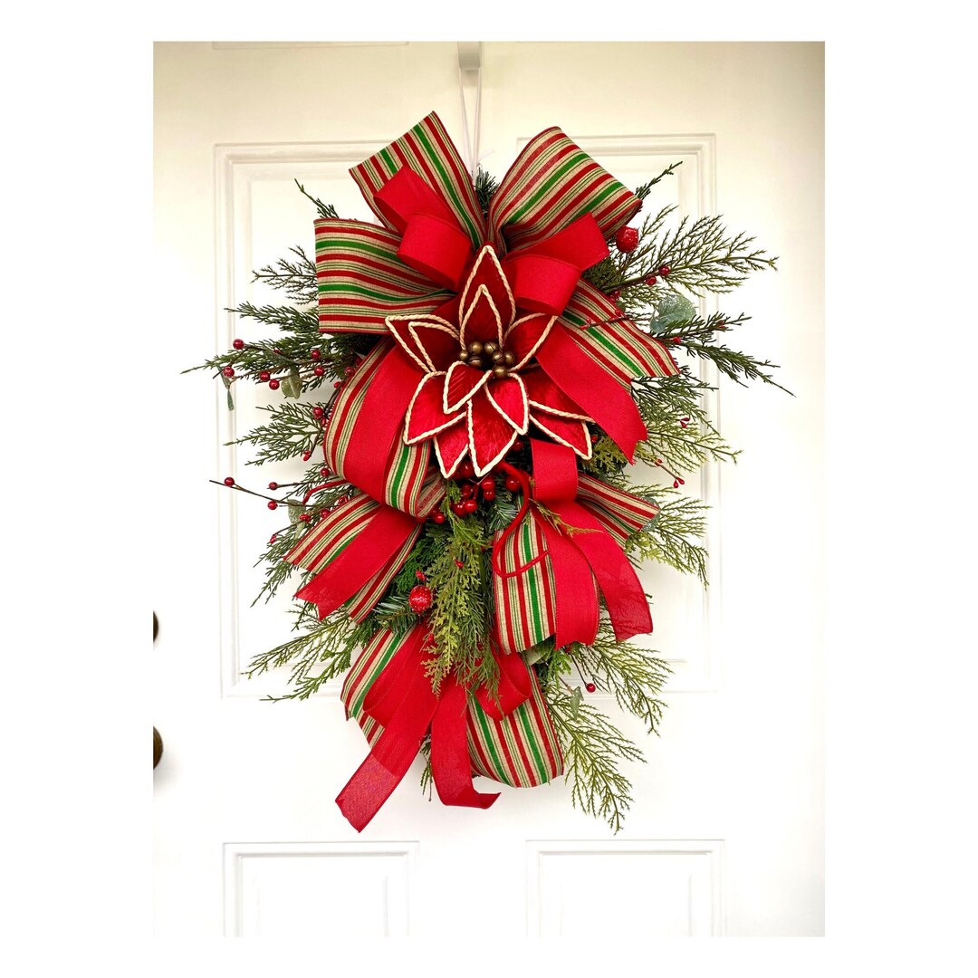 Rustic Christmas Evergreen Wreath Holiday Poinsettia Teardrop Wreath