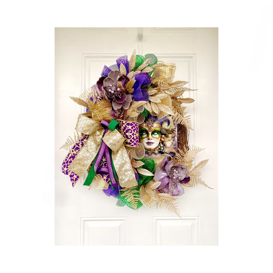 Mardi Gras Wreath for Front Door, Elegant Mardi Gras Magnolia Wreath ...
