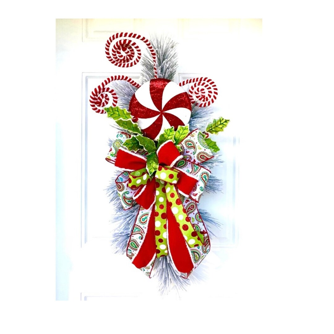 Flocked Christmas Wreath, Front Door Swag, Holiday Swag, Candy Stripe ...