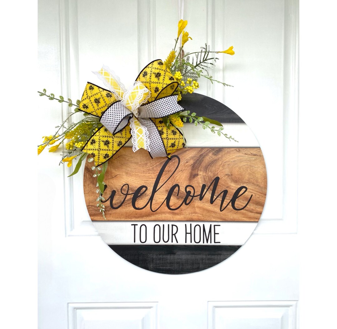 Welcome to Our Home Bee Sign, Round Wood Door Hanger With Bow, Bee ...