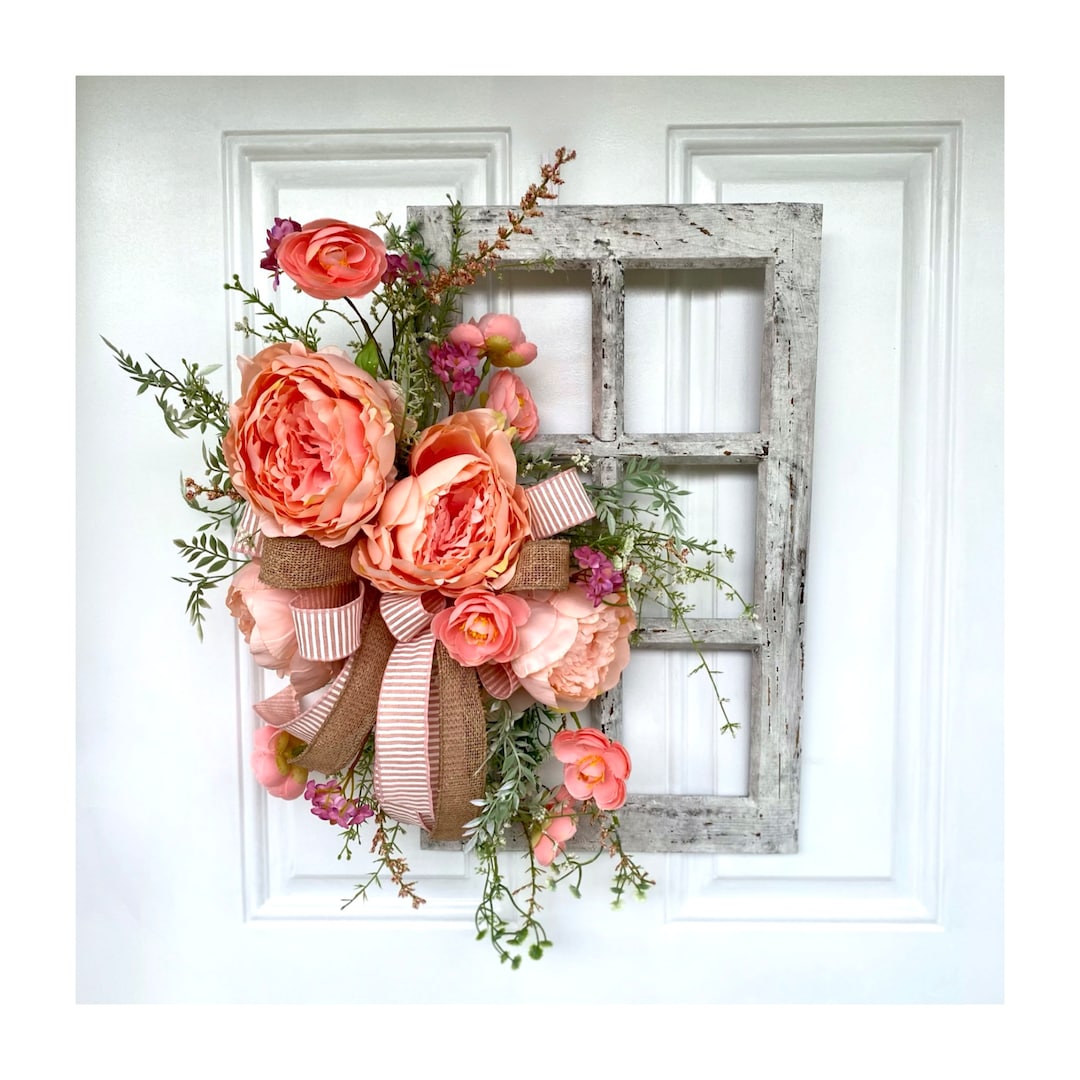 Rustic Window Frame Wreath for Front Door, Modern Farmhouse Floral Wall ...