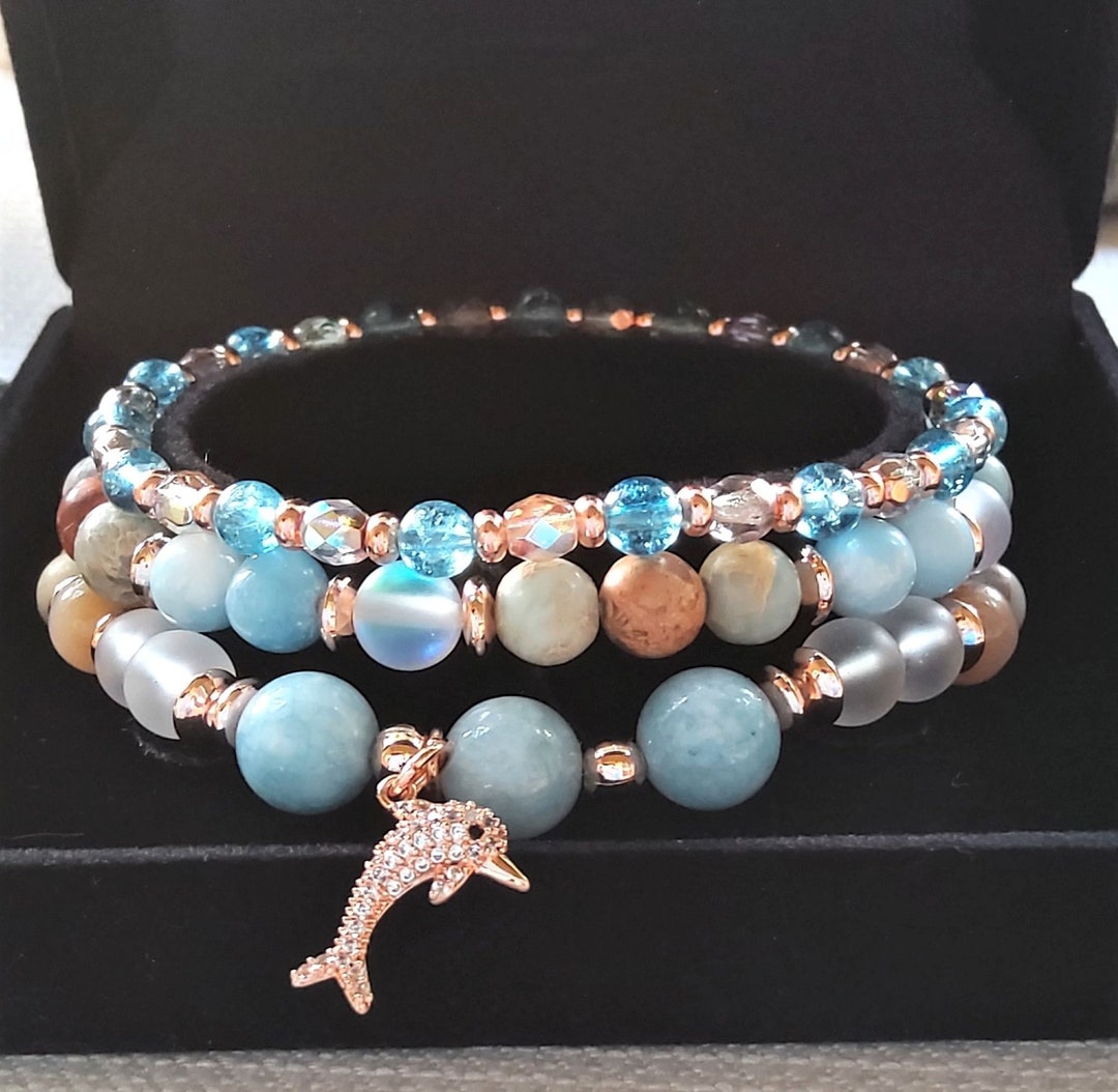 Rose Gold Gemstone Stretch Bracelet Trio, Aquamarine Dolphin Charm - Etsy