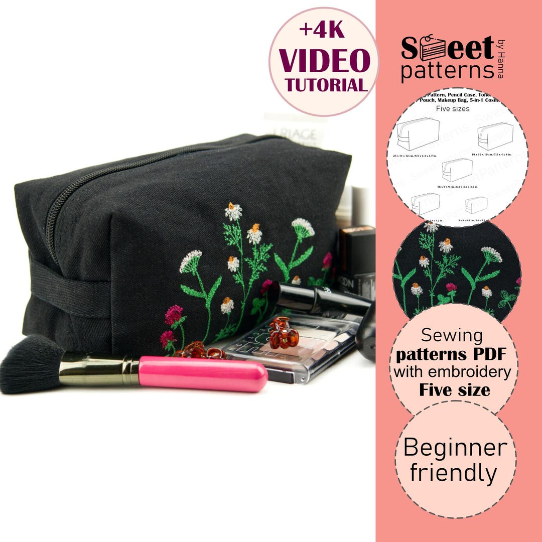 Cosmetic Pouch Sewing Pattern PDF With Embroidery, Makeup Bag PDF, 5 ...