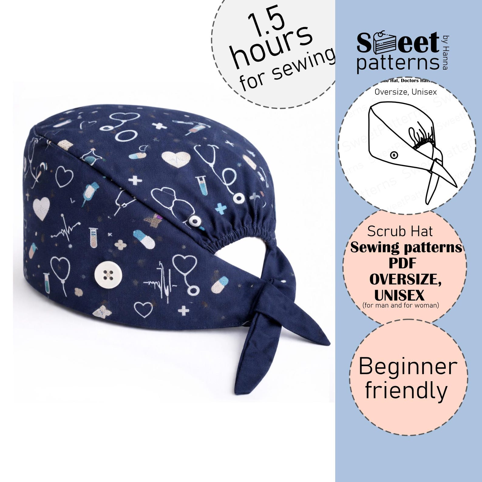 Scrub Cap Pattern Unisex, Scrub Hat Unisex PDF, Surgical Cap Pattern ...