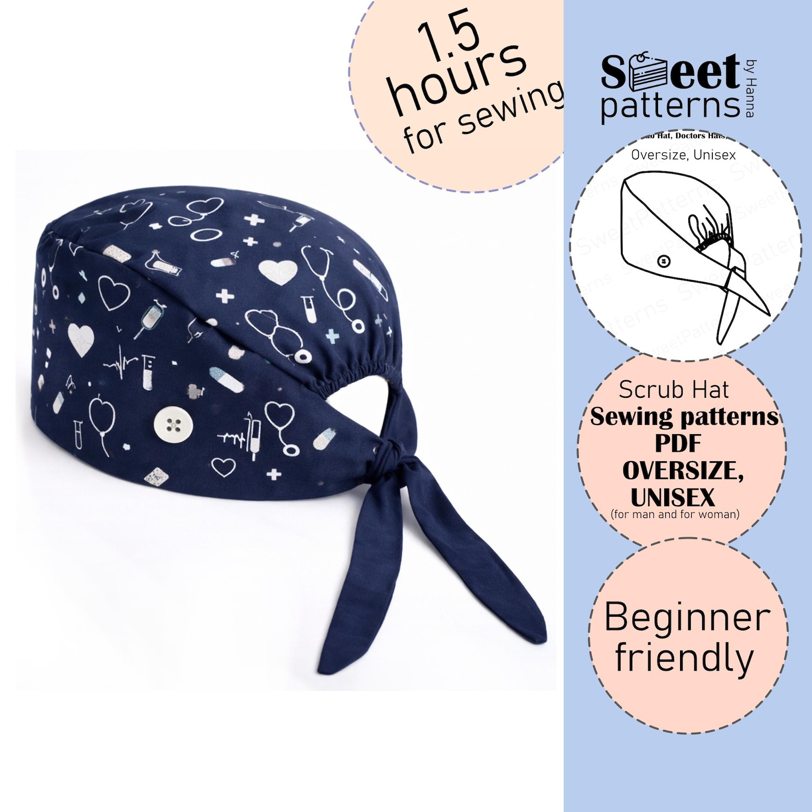 Scrub Cap Pattern Unisex, Scrub Hat Unisex PDF, Surgical Cap Pattern ...