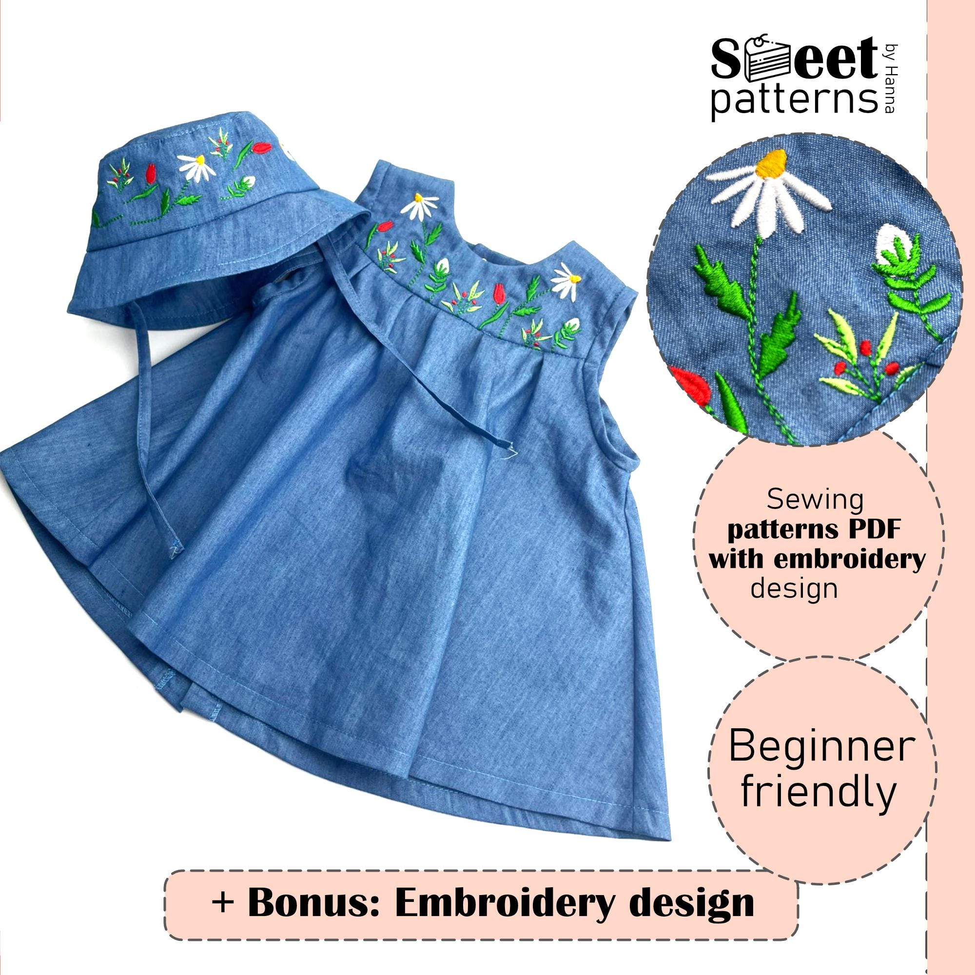 Kids Dress & Bucket Hat Sewing Pattern With Embroidery (PDF Pattern) - Etsy