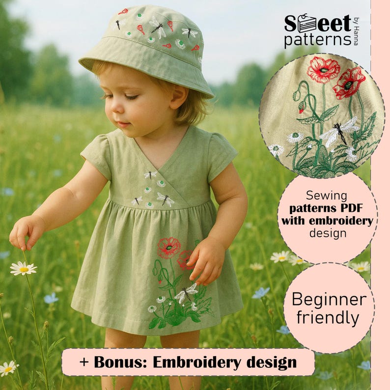 Kids Dress & Bucket Hat Sewing Pattern Set With Embroidery (PDF Pattern ...