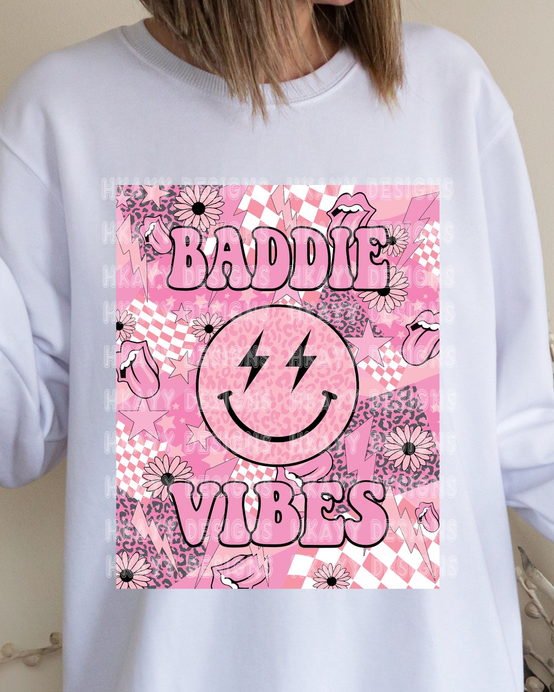 Baddie Vibes All Over Pink Retro Smiley Leopard Checkered Tongue ...
