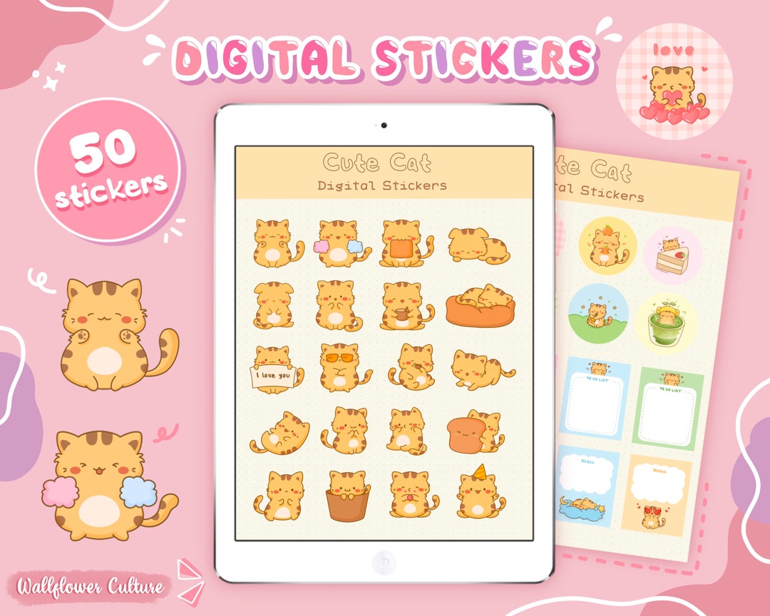 Cute Cat Digital Stickers for Goodnotes | Precropped Goodnotes Stickers ...