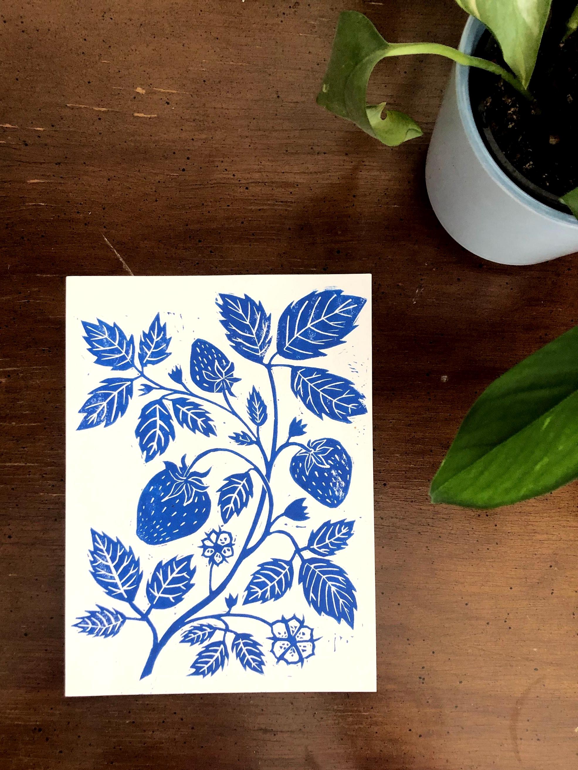 Strawberry Botanical Linocut Print - Etsy