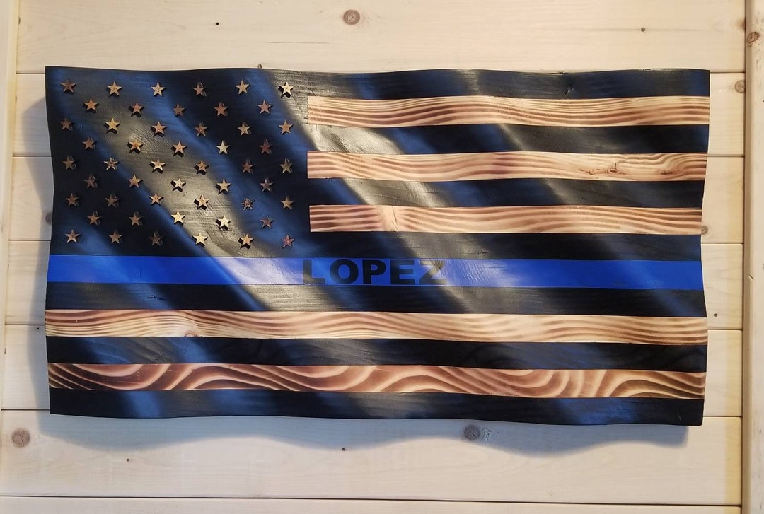 American Blue Line Flag, 3d Wavy, Rustic USA Flag Wall Decor, Waving ...