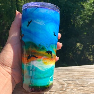Sunset Beach 16 ounce tumbler hand-painted alcohol inks | Etsy