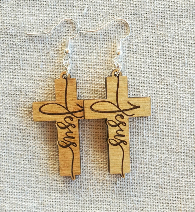 Jesus Cross Earrings Wooden Engraved - Etsy