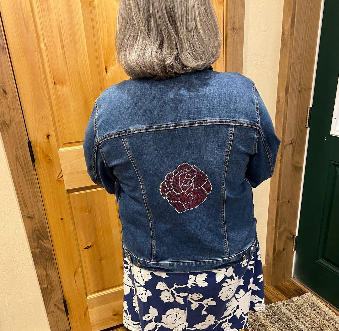 Rose Denim Jacket for Her, Gift for Mom, for Valentine, Rhinestone ...