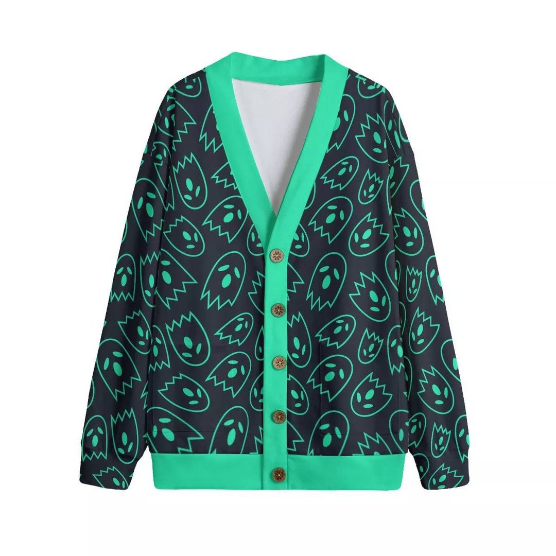 Hacci Fleece Goth Cardigan Sweater, Ghost Print Goth Jumper, Fleece ...