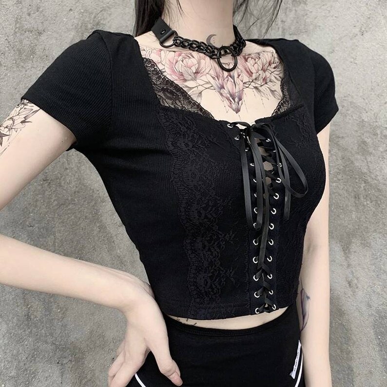 Black Gothic Lace up Crop Top Womens Goth Clothing Lace | Etsy