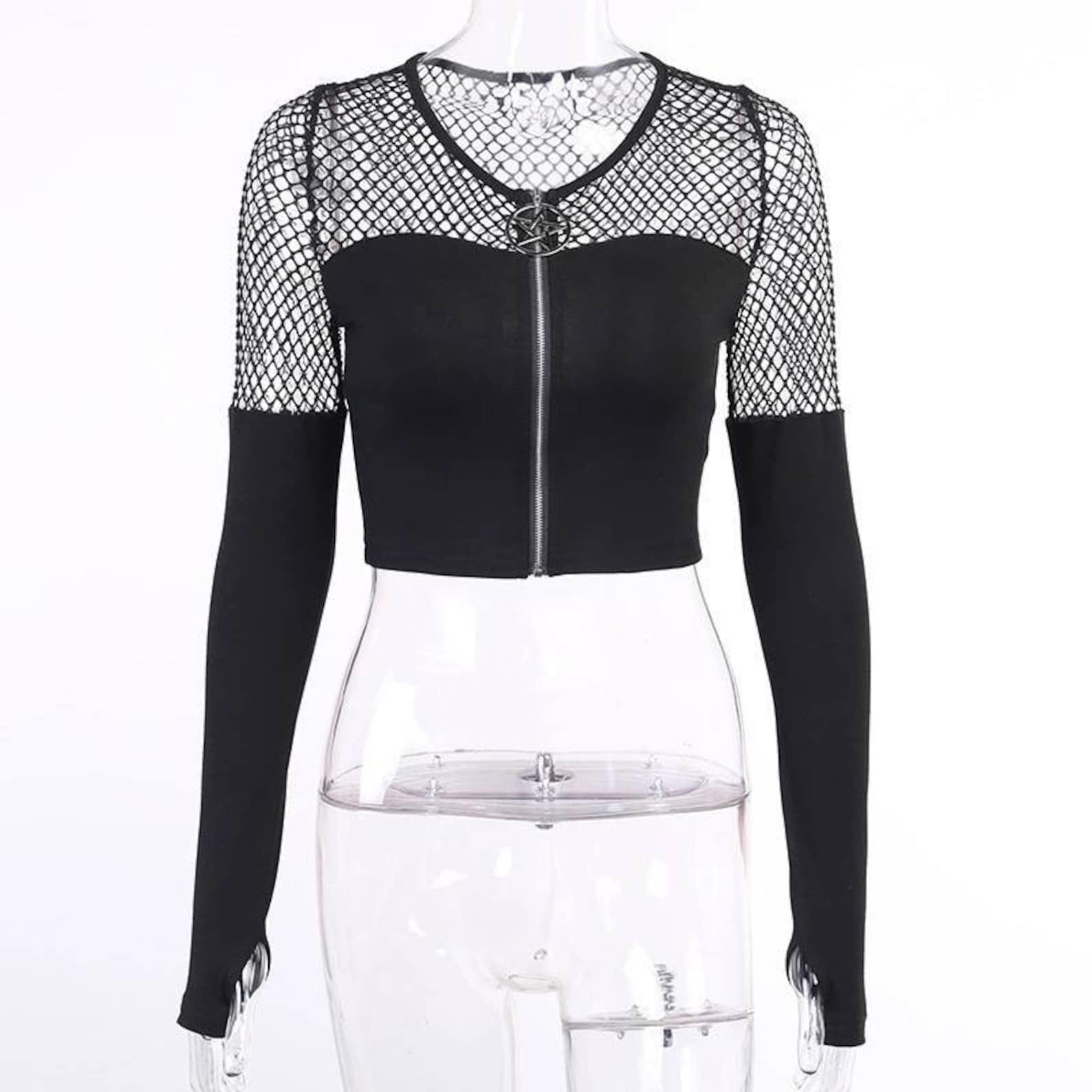 Long sleeve fishnet crop top gothic black zip up cropped top | Etsy