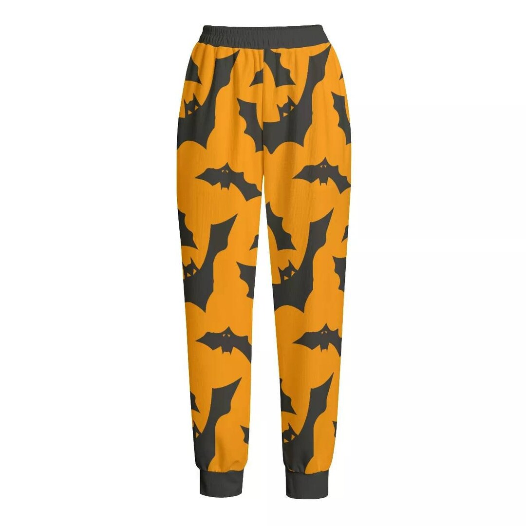 Vampire Bat Pattern Trousers, Orange Joggers, Elasticated Waist Loose ...