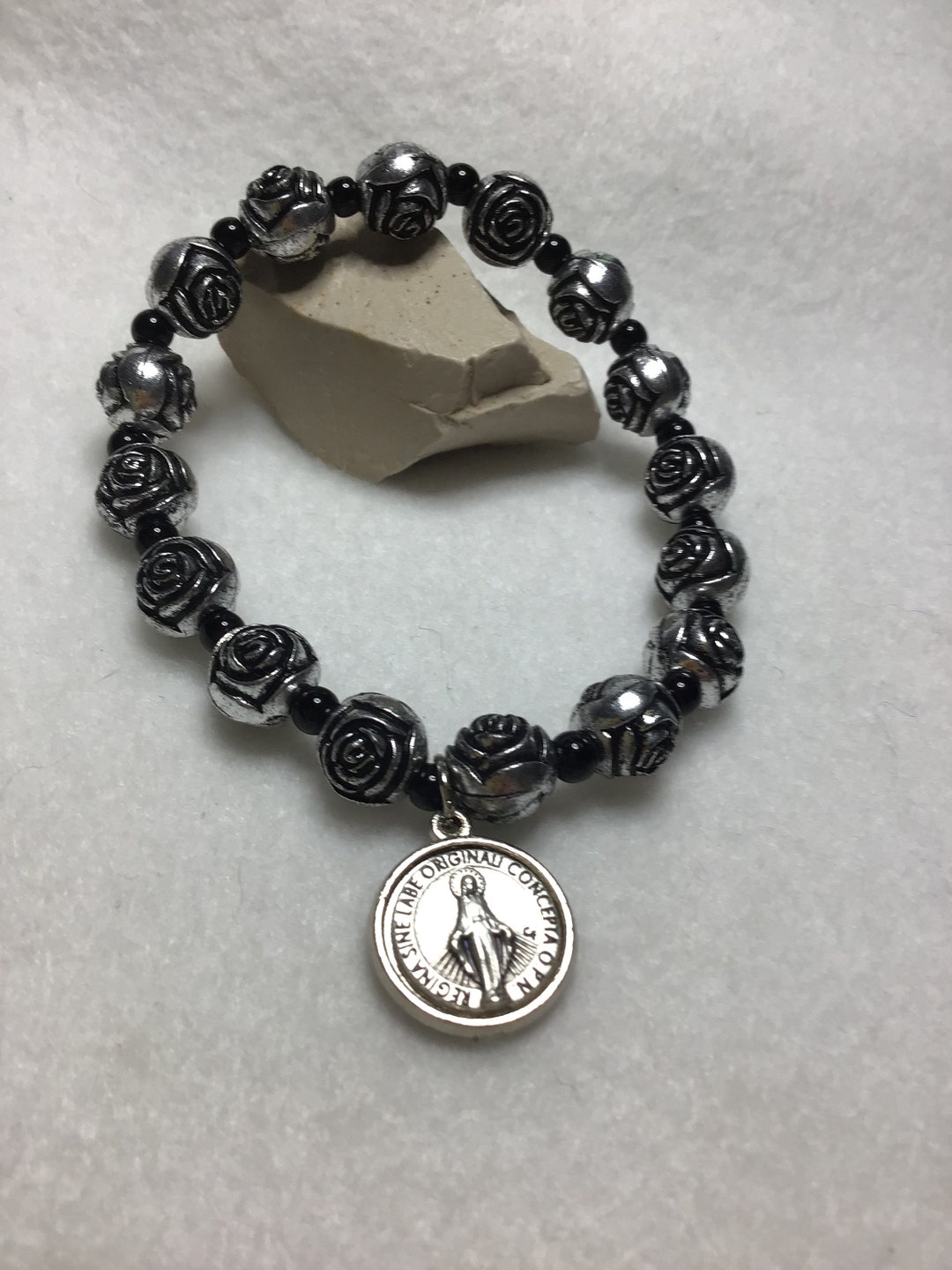 Silver Rose Bracelet W/ Silvertone Miraculous Medal - Etsy