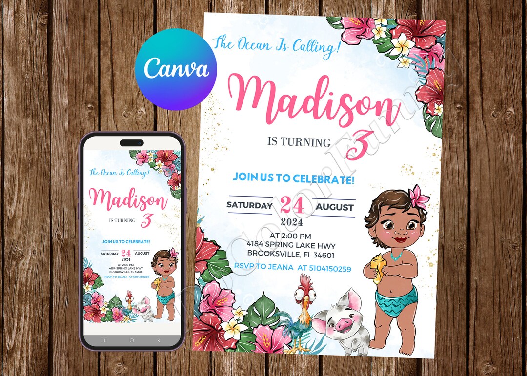 Baby Moana Invitation Birthday Party Baby Moana Birthday Invitation ...
