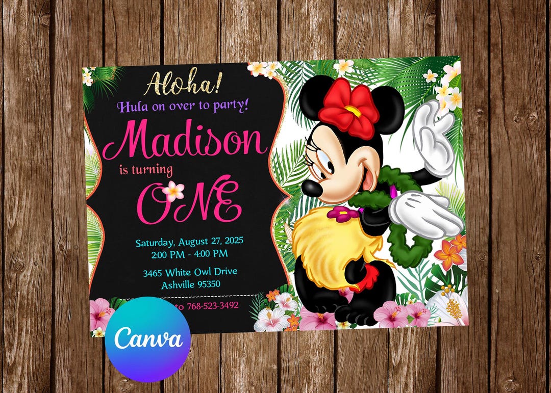 Minnie Mouse Luau Invitation Birthday Party Minnie Mouse Birthday ...