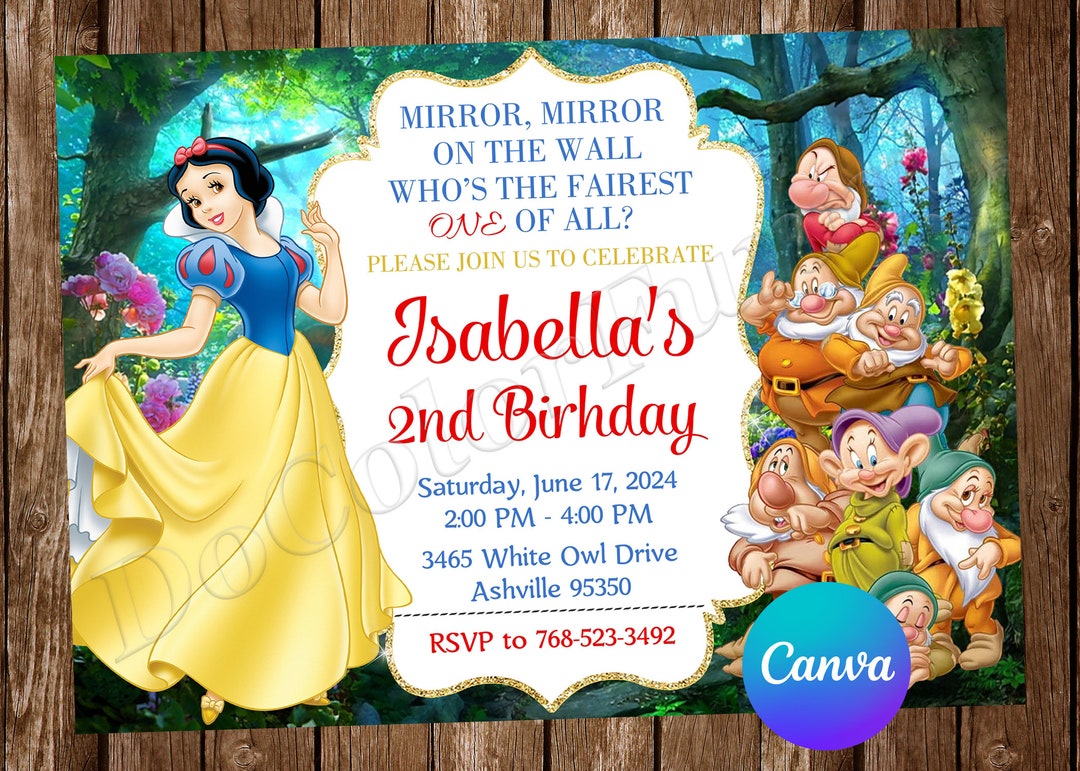Snow White Invitation Birthday Party Princess Snow White Birthday ...