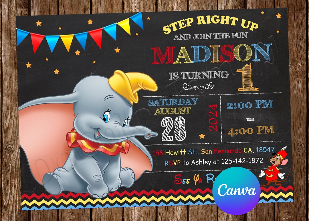 Dumbo Invitation Birthday Party Dumbo Birthday Invitation Circus ...