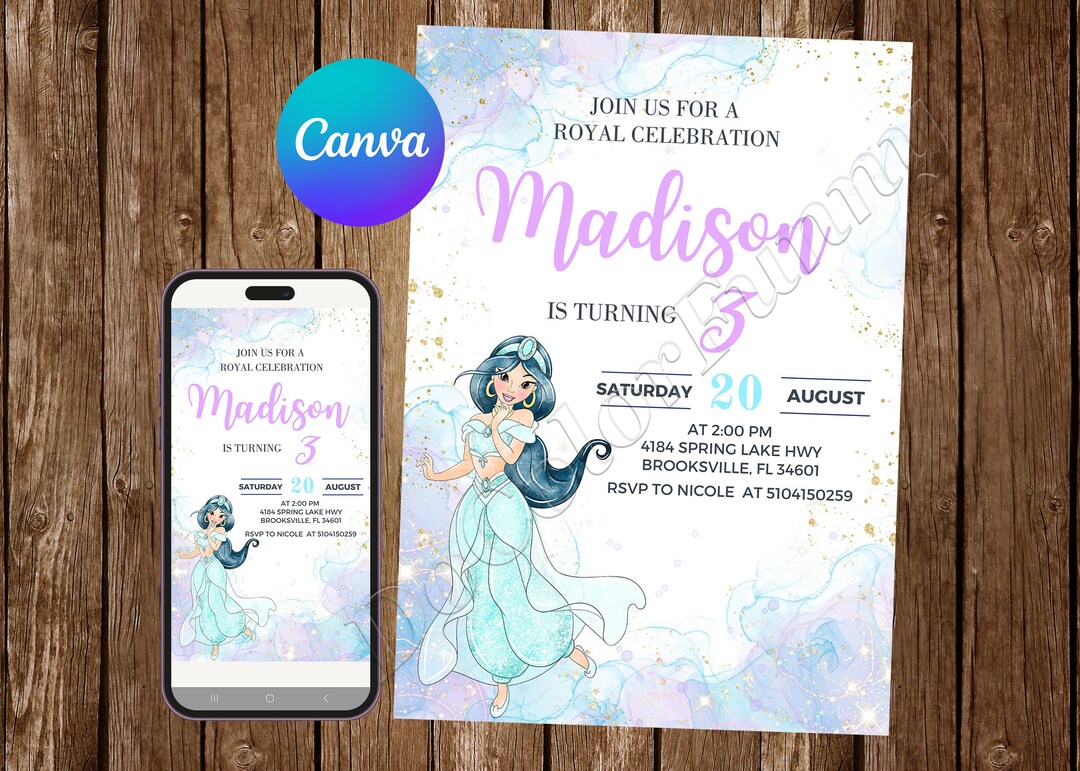 Princess Jasmine Invitation Birthday Party Jasmine Birthday Invitation ...