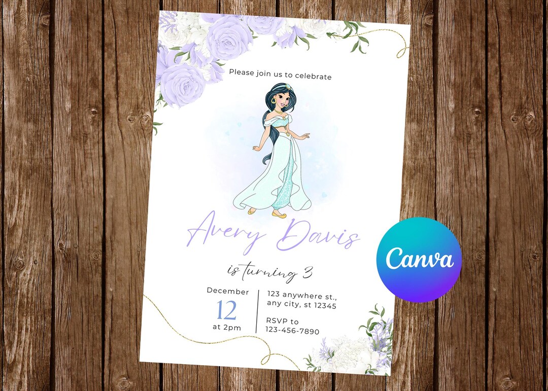Princess Jasmine Invitation Birthday Party Jasmine Birthday Invitation ...