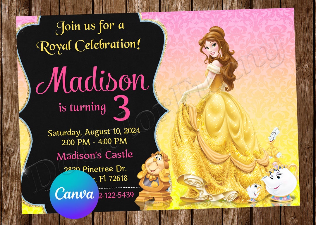 Princess Belle Invitation Birthday Party Belle Birthday Invitation ...