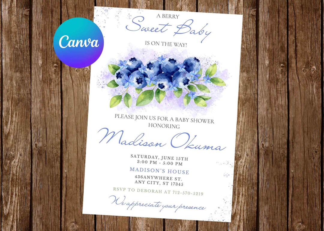 Blueberry Baby Shower Invitation, Editable Canva Template, A Berry ...
