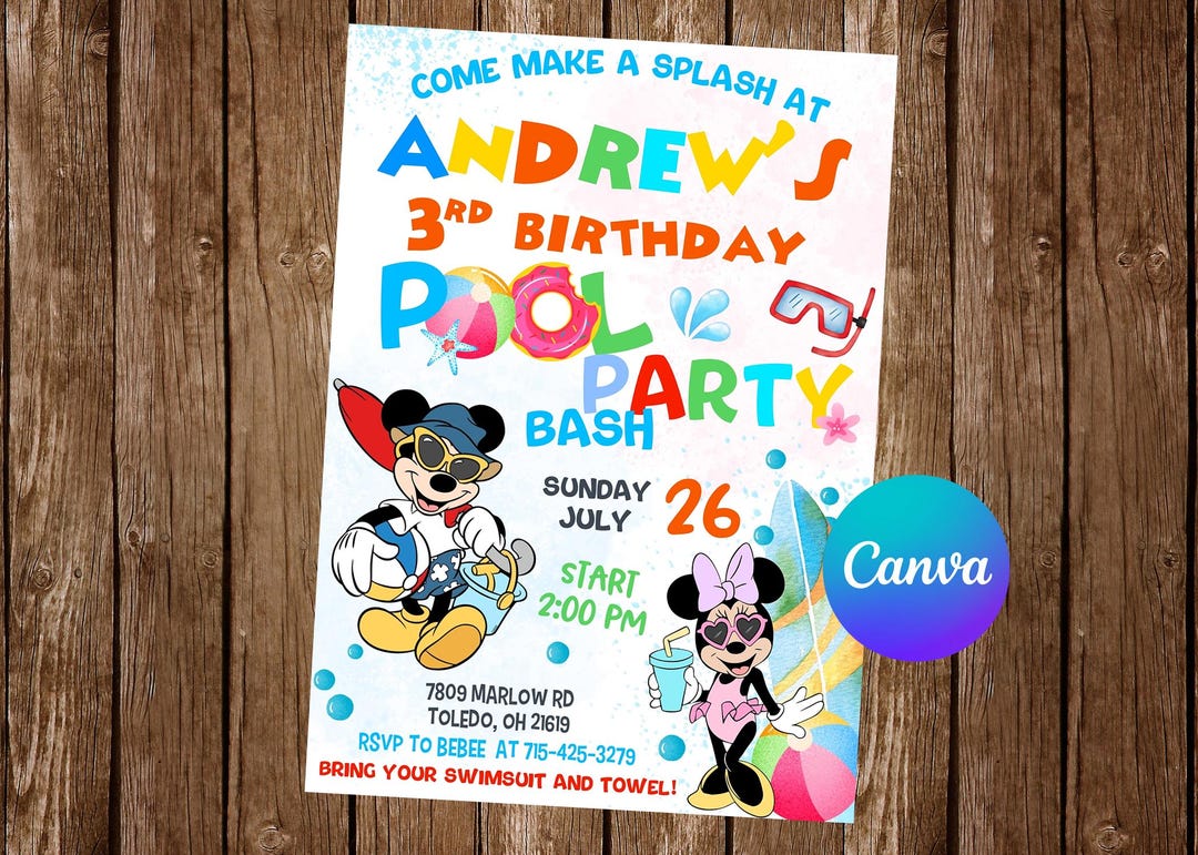 Mickey Mouse Pool Party Invitation Mickey Mouse Birthday Minnie Mouse ...
