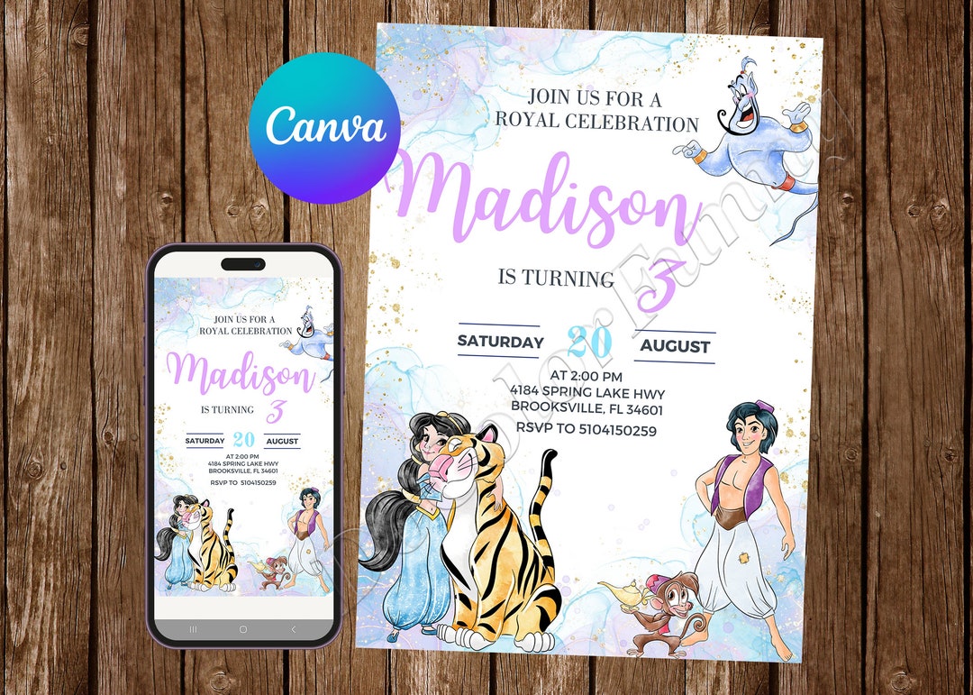 Aladdin Invitation Princess Jasmine Invitation Birthday Party Aladdin ...