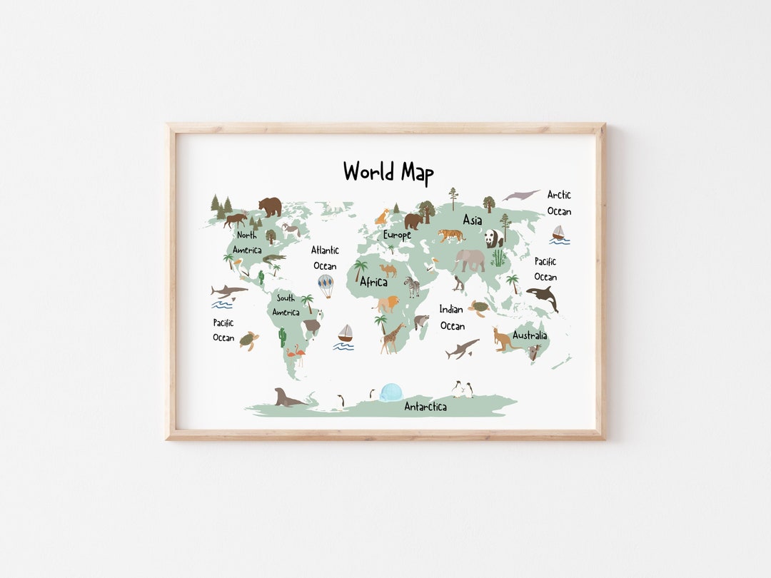 Animal World Map | Nursery World Map | Kids Room World Map | Safari ...
