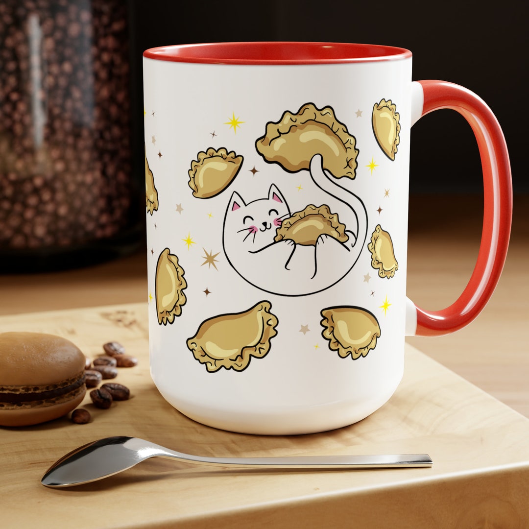 Pierogi and White Cat With Stars Coffee Mugs, 15oz Polish Gift Empanada ...