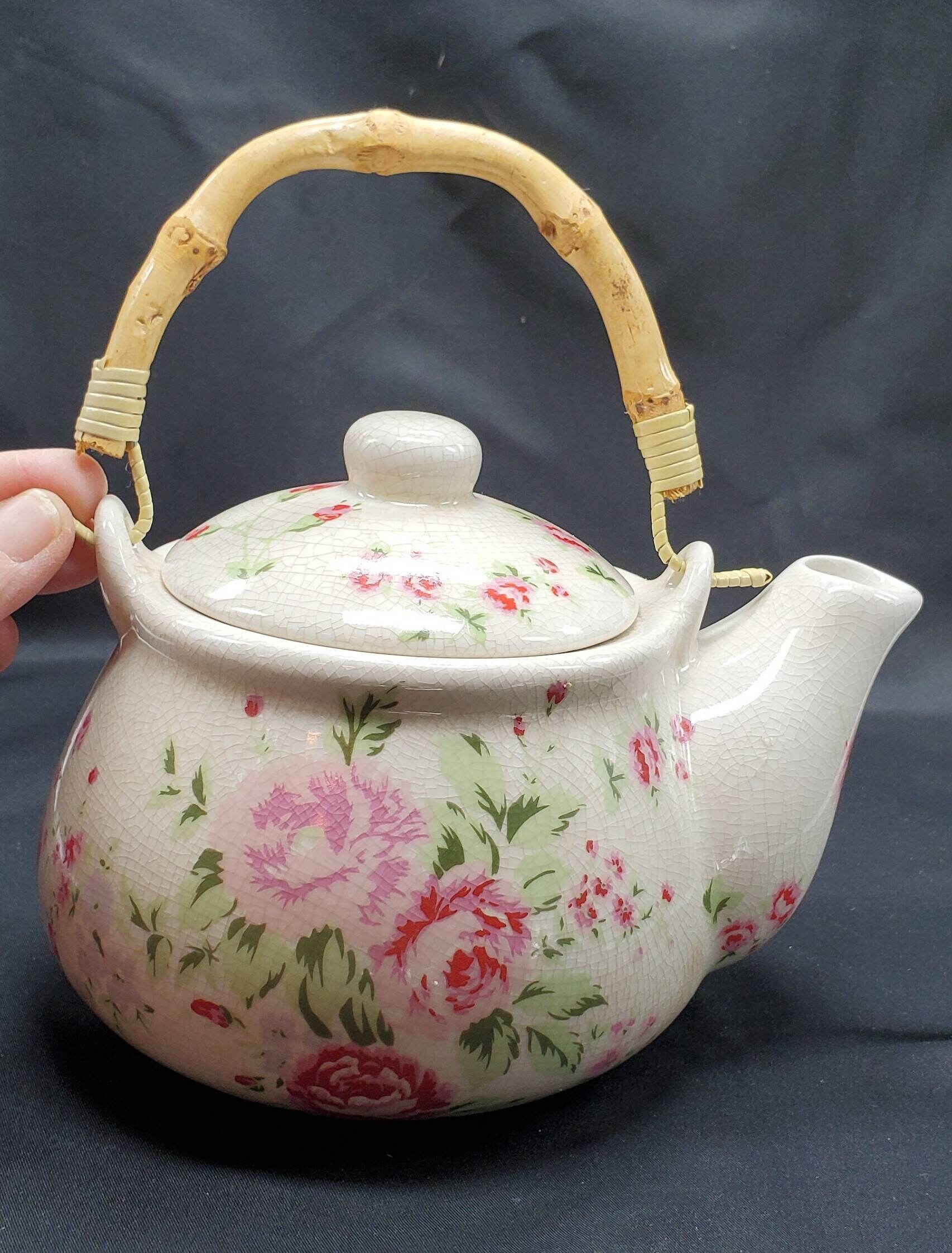 Vintage Porcelain Teapot Floral Design with Wood Handle | Etsy