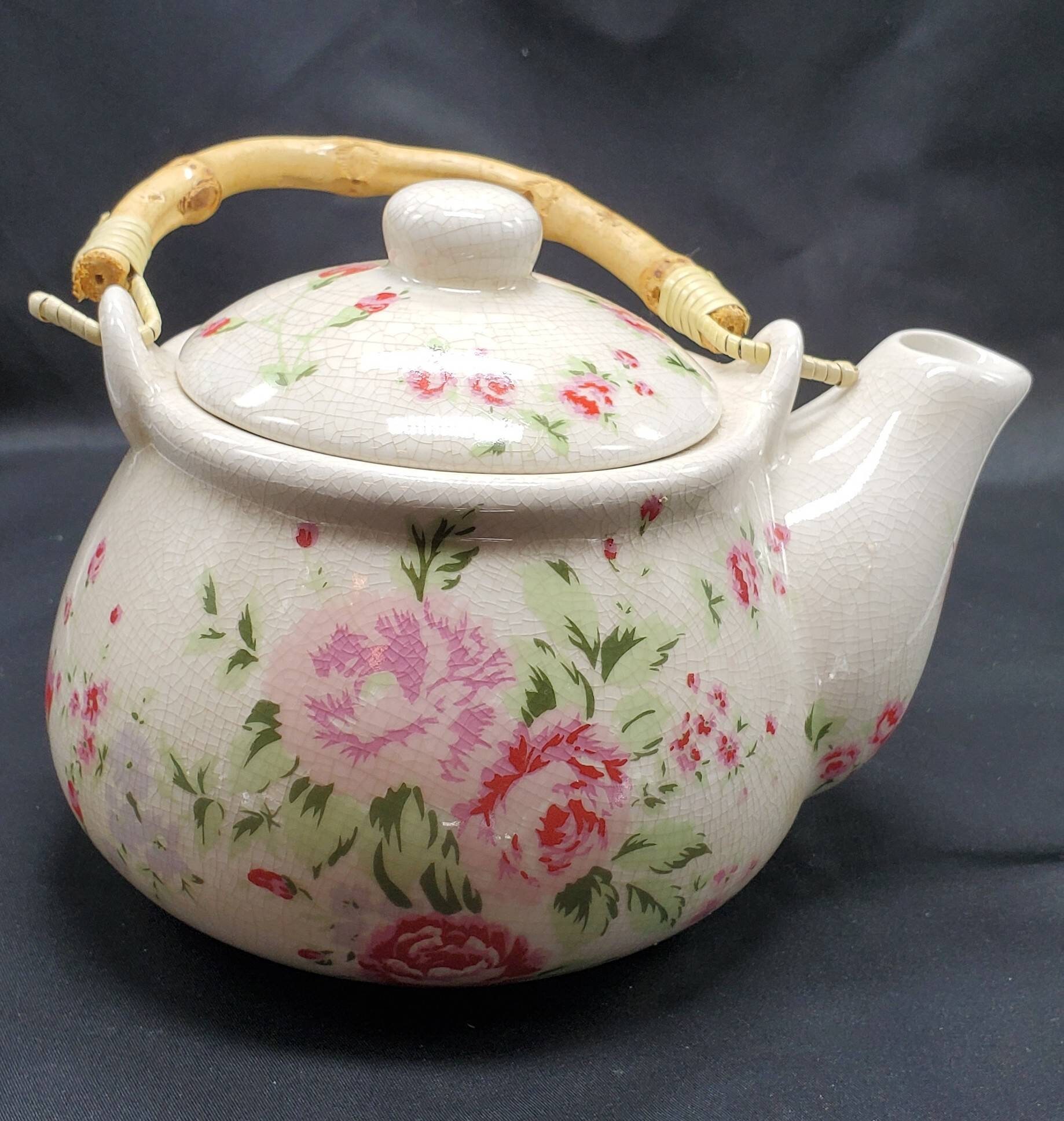 Vintage Porcelain Teapot Floral Design With Wood Handle - Etsy