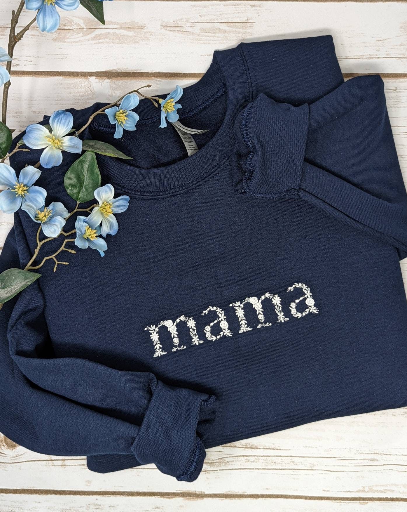 Monochrome Floral Embroidered Mama Crewneck Sweatshirt | Cozy Mama ...