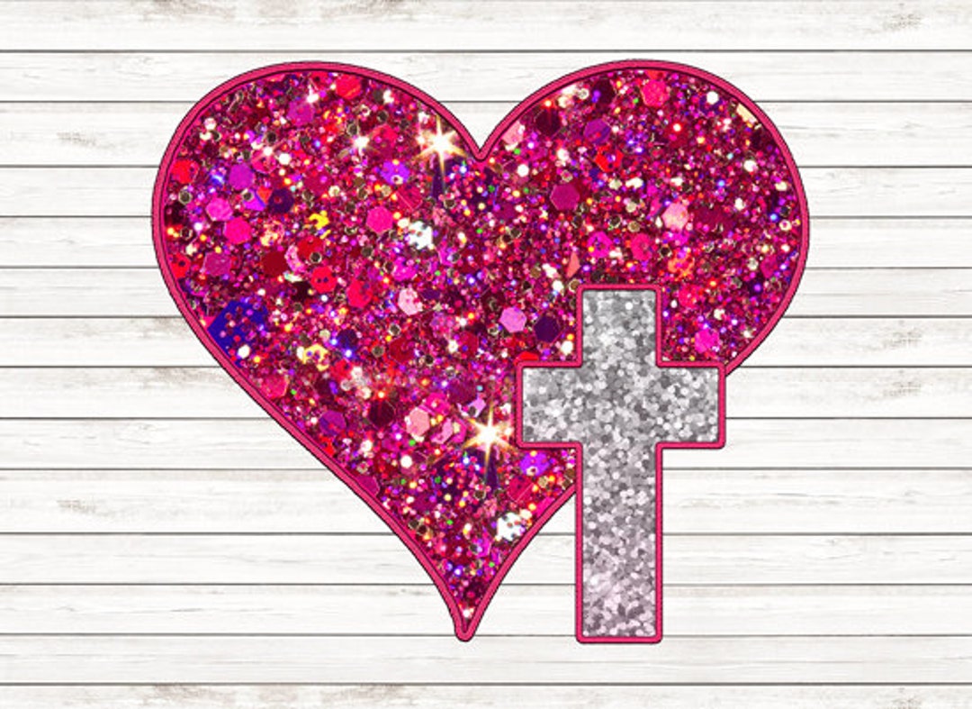 Pink Heart & Cross Faux Glitter Faith Religious DTF Print Ready to ...