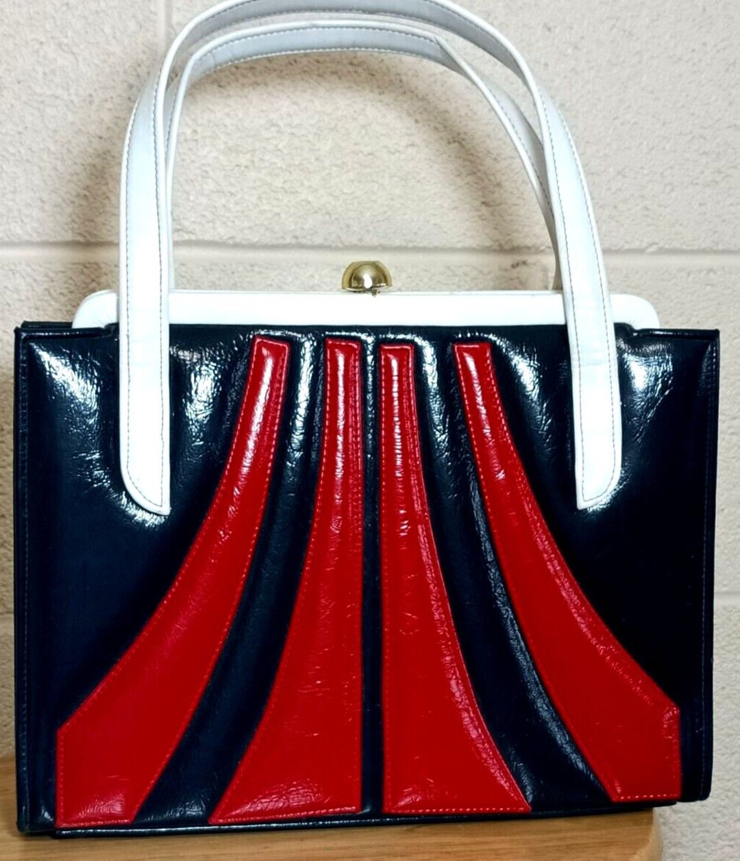 Vintage Faye Mell Design Black Red Vinyl White Handle Purse Bag - Etsy