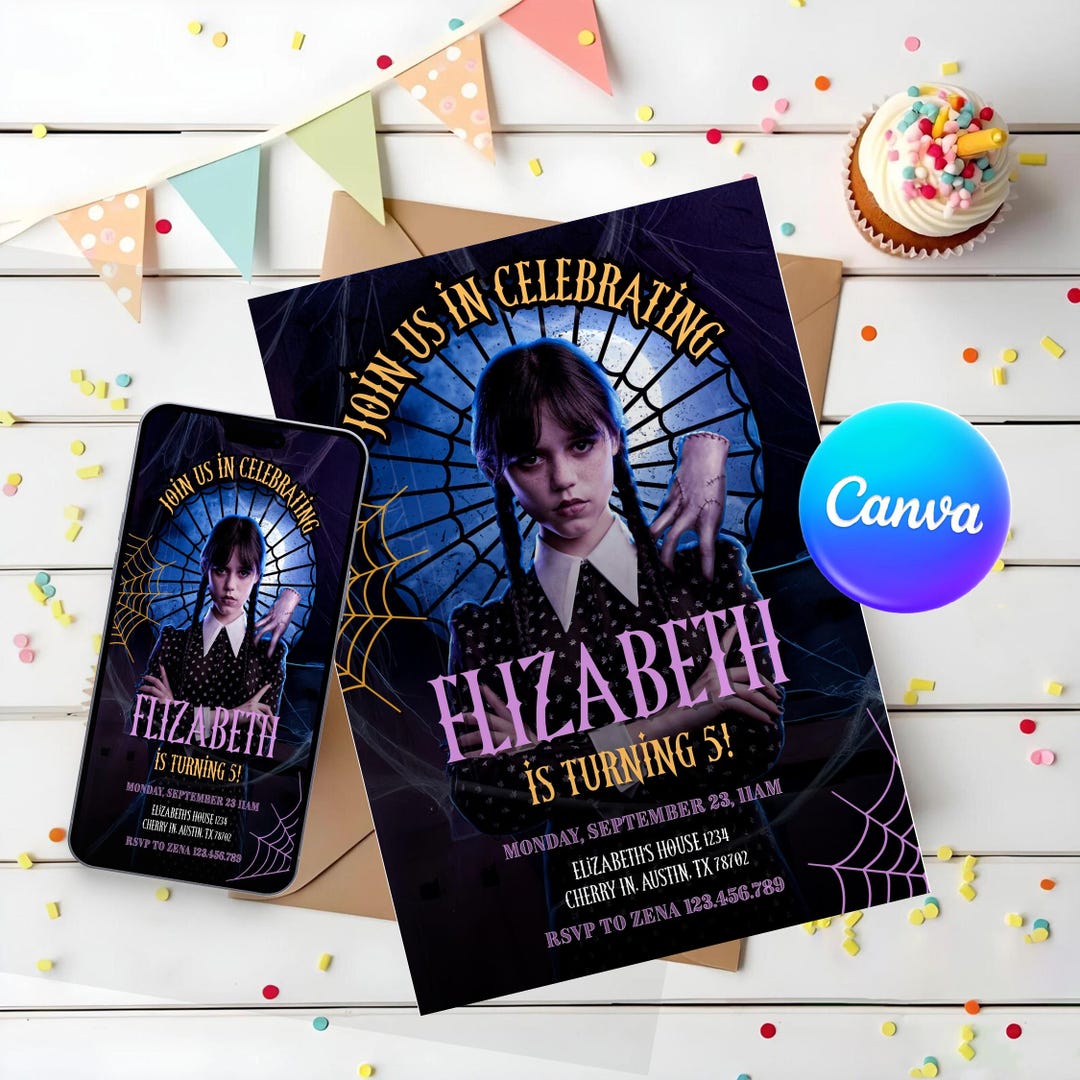 Editable Wednesday Addams Birthday Invitation, Canva Template - Etsy